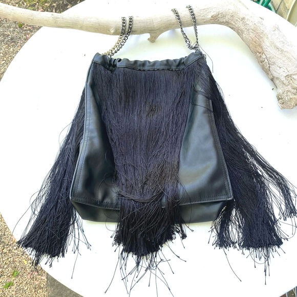 Zara | Bags | Nwot Zara Trf Large Black Vegan Leather Fringed Faux Hair ...